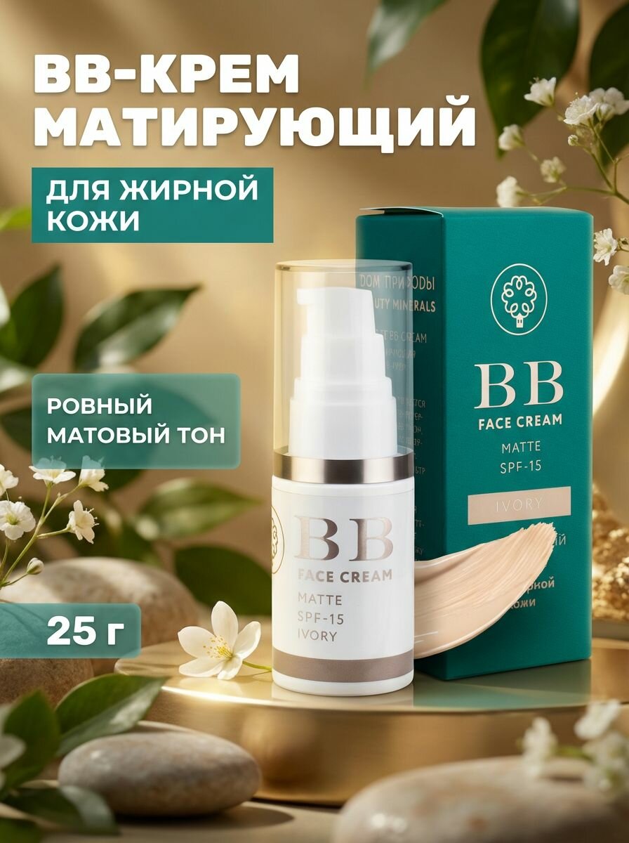 BB-крем для лица Ivory Матирующий SPF-15 для жирной кожи с гиалуроновой кислотой и Д-пантенолом, 25 г
