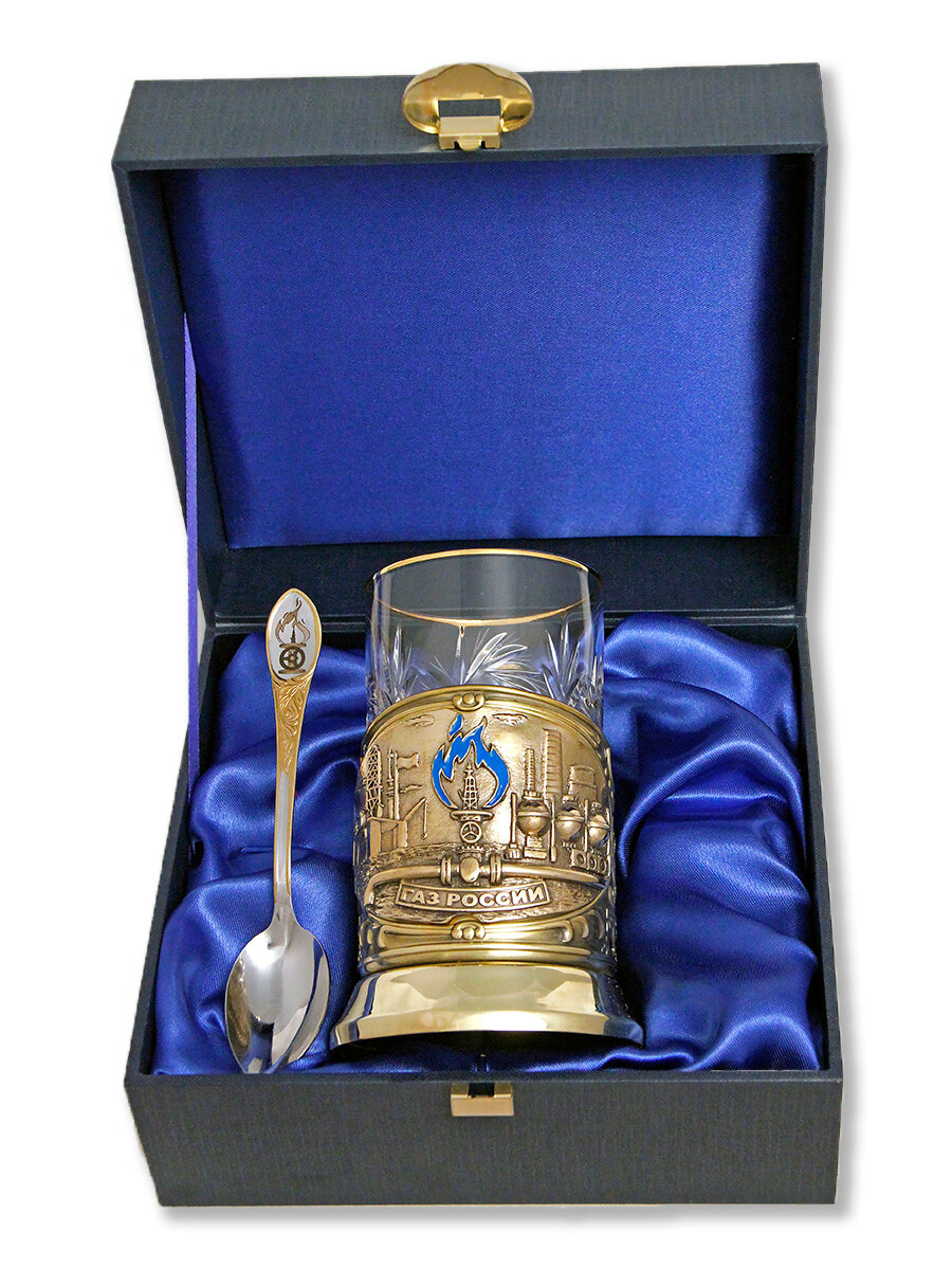 Набор для чая "Газ" (3 пр.) (стакан - хрусталь с зол. ободком, деревянный футляр, ложка - нерж. сталь зол.) ПДЛ-452