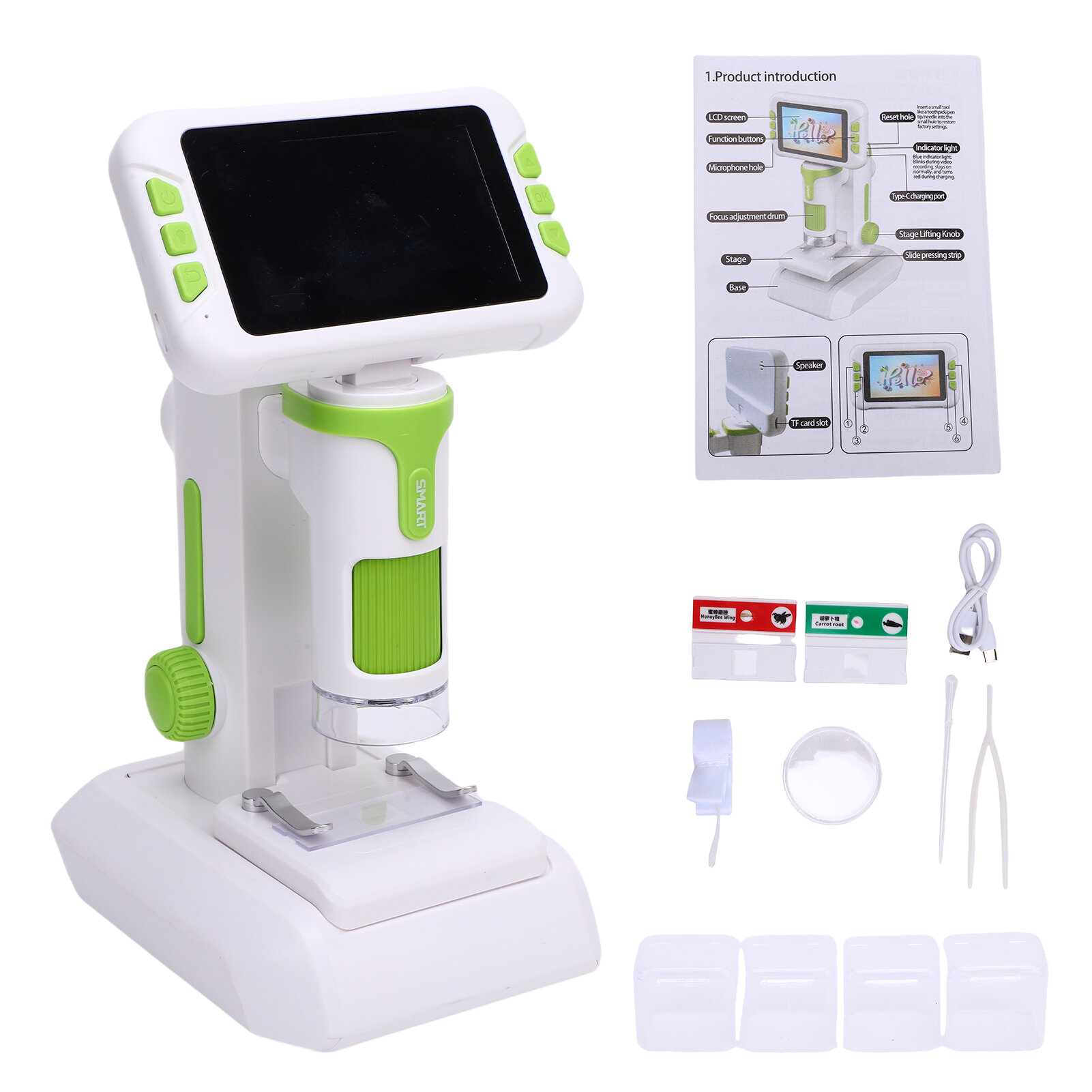 Детский микроскоп Цифровой микроскоп 1600X с 4-дюймовым экраном 1080P Ручной портативный микроскоп для детей Учебно-научный комплект со слайдами