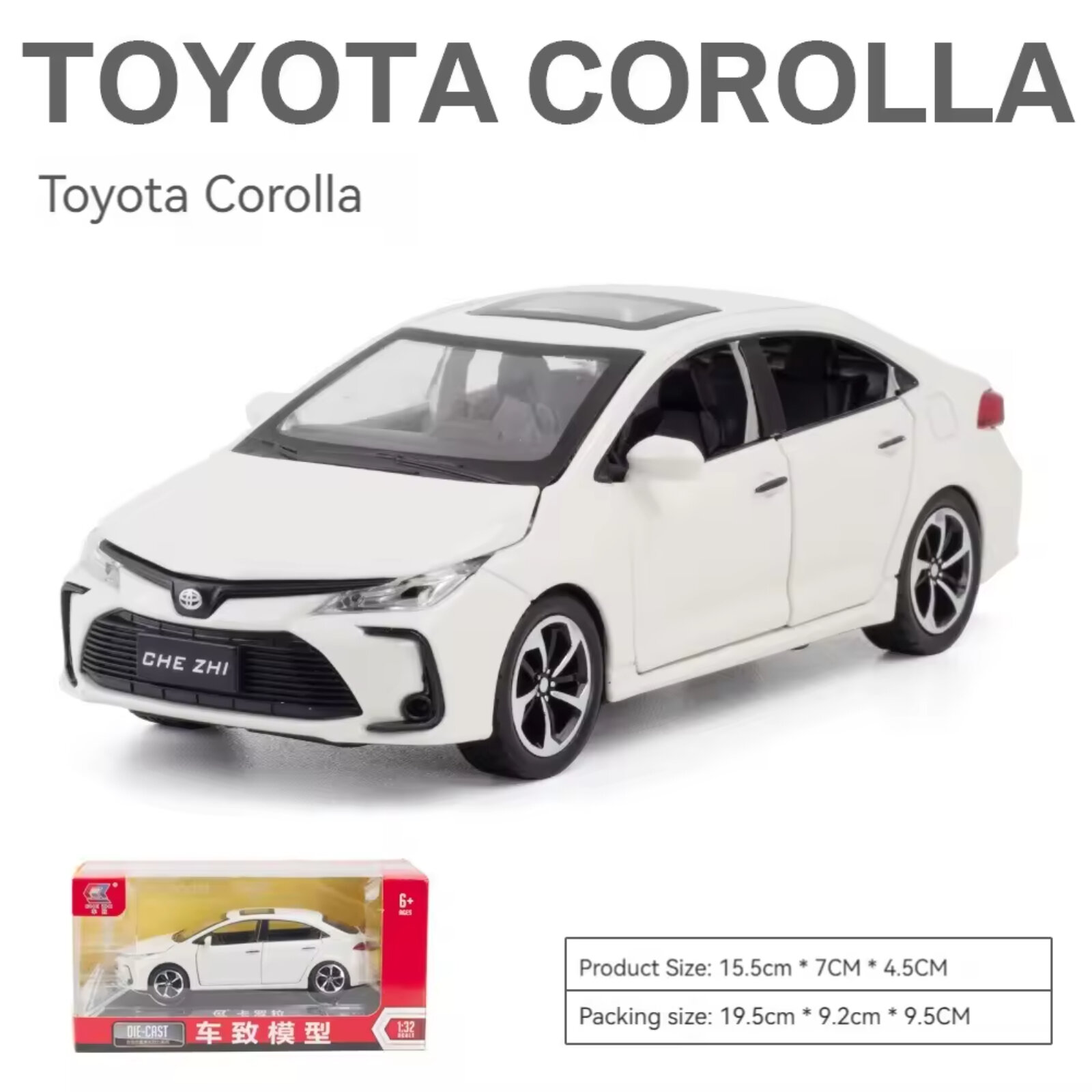 Модель машины Toyota Corolla в упаковке, масштаб 1:32, материал алюминий, размер 15.5см*7см*4.5см, упаковка окна, вес 312г, функции декор/подарок/ретрактивная машина, открывающиеся шесть дверей, свет и звук двигателя