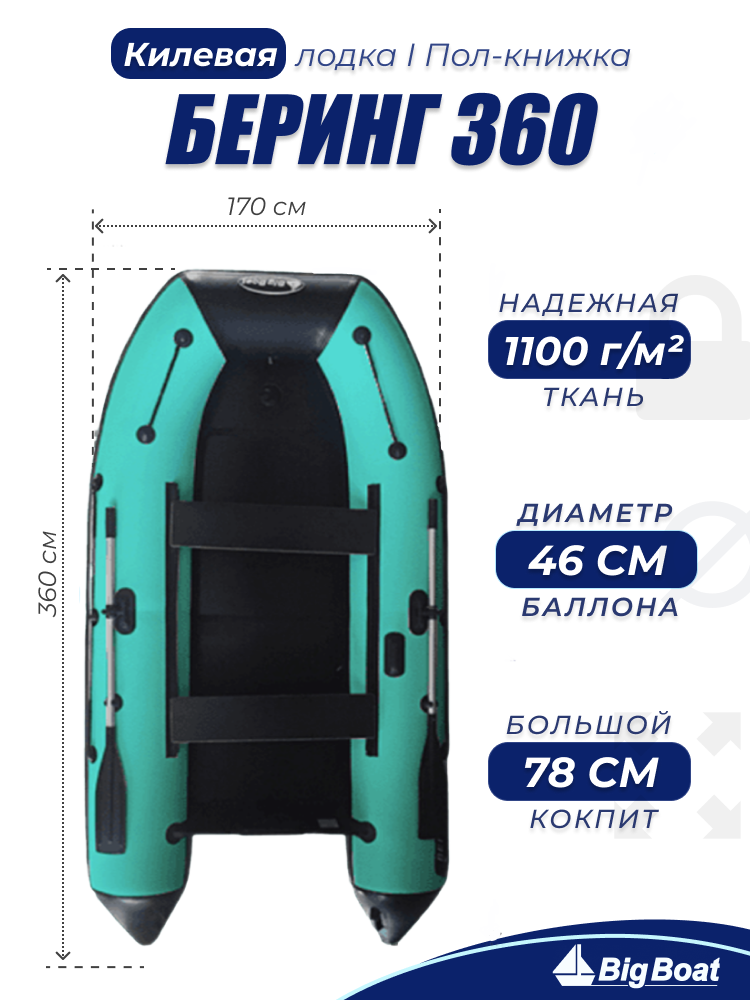 Надувная, под мотор, килевая лодка из ПВХ для рыбалки Bering (Беринг) 360К пол-книжка