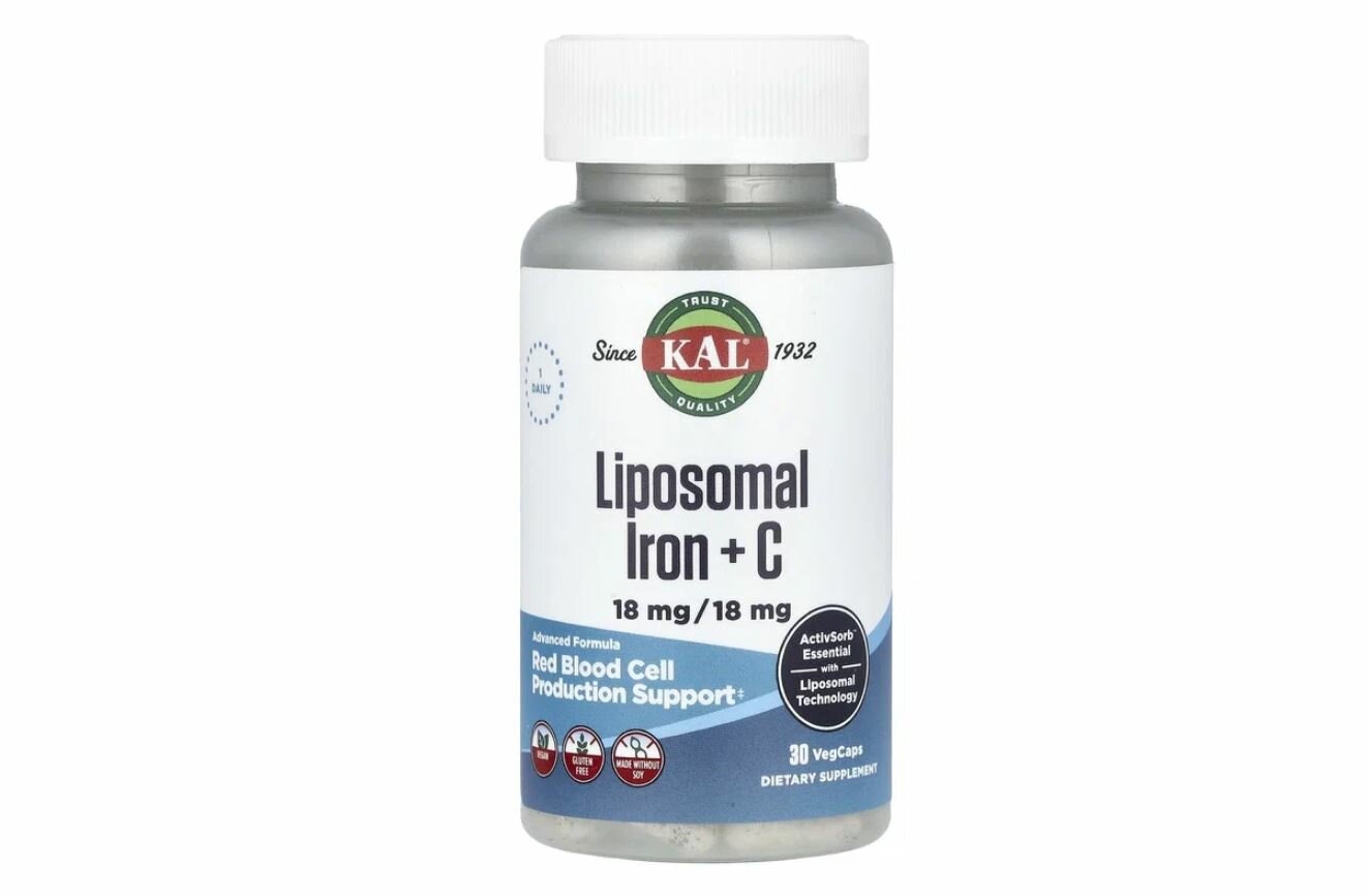 KAL, Liposomal Iron, Липосомальное железо + витамин C, 30 растительных капсул