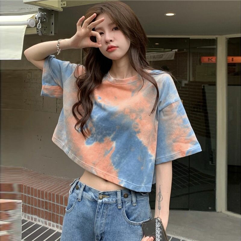 Женская летняя футболка с короткими рукавами в стиле пупочной ткани tie-dye