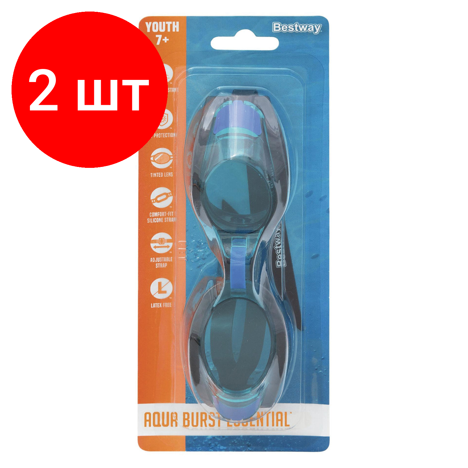 Комплект 2 шт, Очки для плавания "Focus" от 7 лет, ассорти, BESTWAY, 21005