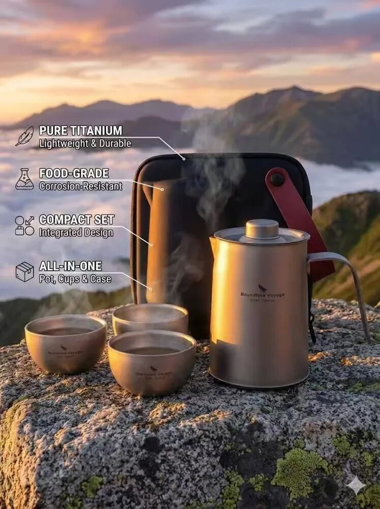 Boundless Voyage Титановый чайный набор для походов и кемпинга, 380 мл. Легкий чайник с ситечком и 3 пиалы. Туристическая посуда.