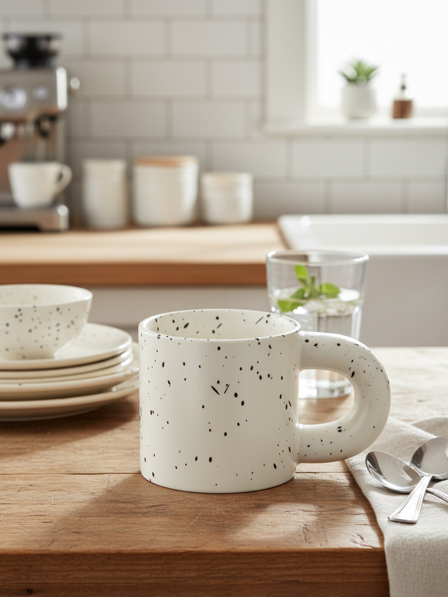 Керамическая кружка 330 мл с массивной ручкой, белая с черными точками, для горячих напитков, стильный дизайн Y4-11013