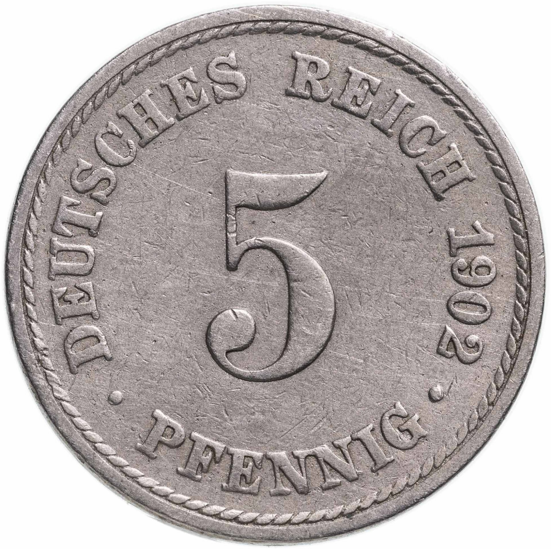 Германия 5 пфеннигов pfennig 1902, знак монетного двора: "A" - Берлин, Мельхиор медь-никель, в сохранности XF