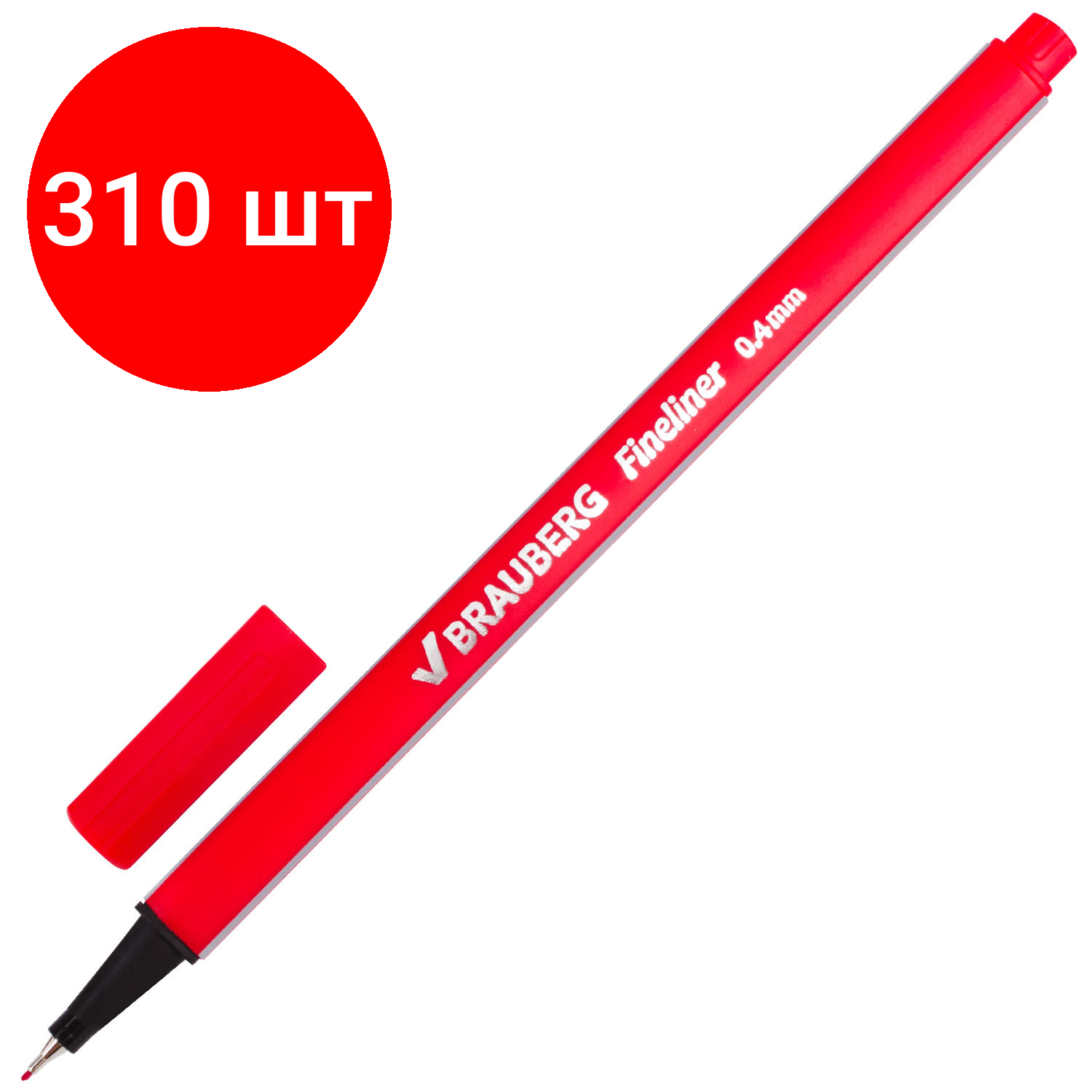 Комплект 310 шт, Ручка капиллярная (линер) BRAUBERG "Aero", красная, трехгранная, металлический наконечник, линия письма 0.4 мм, 142254