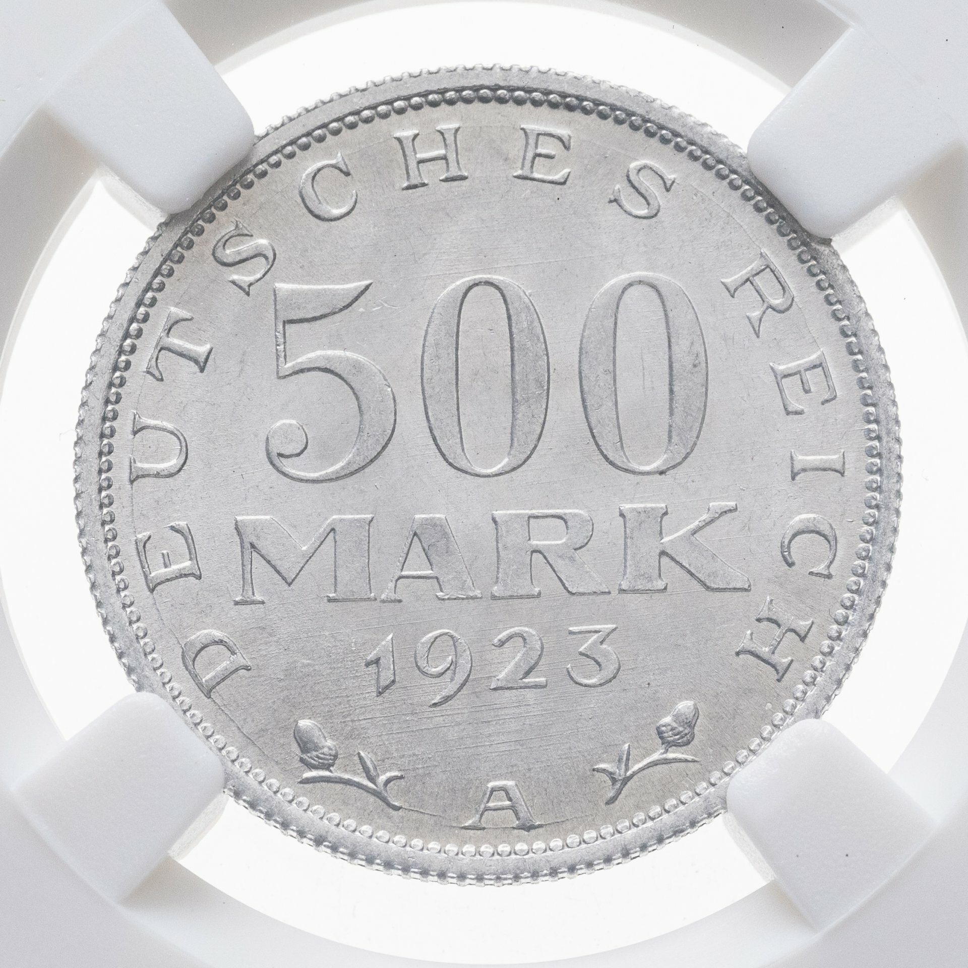 Германия 500 марок mark 1923, знак монетного двора"A" — Берлин в слабе DNC MS66, Алюминий