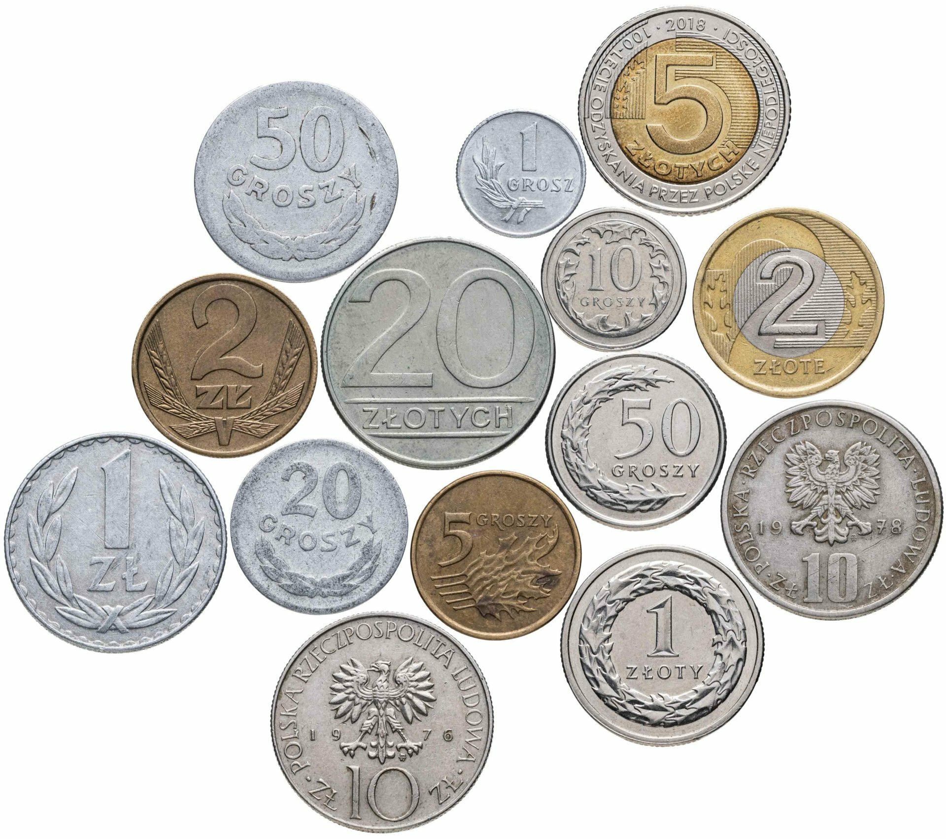 Польша набор из 14 монет 1, 5, 10, 20, 50 грош, 1, 2, 5, 10, 20 злотых 1949-2018, Алюминий, в сохранности VF-UNC