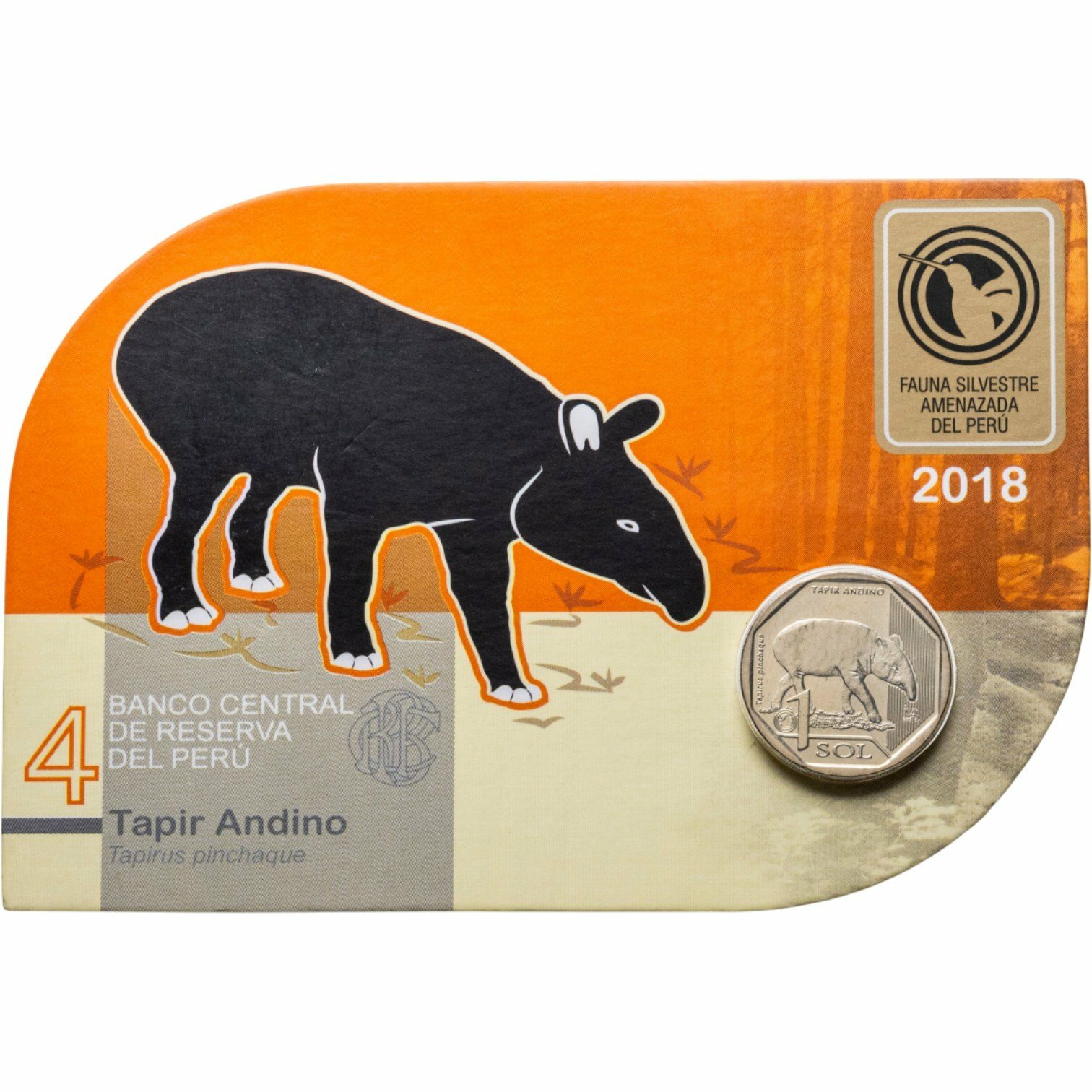 Перу 1 соль sol 2018 "Фауна Перу - Горный тапир Tapirus pinchaque" в буклете, МНЦ медь-никель-цинк, в сохранности UNC