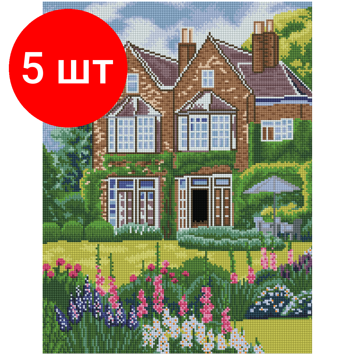 Комплект 5 шт, Алмазная мозаика ТРИ совы "Усадьба", 40*50см, холст на деревянном подрамнике, картонная коробка с пластиковой ручкой