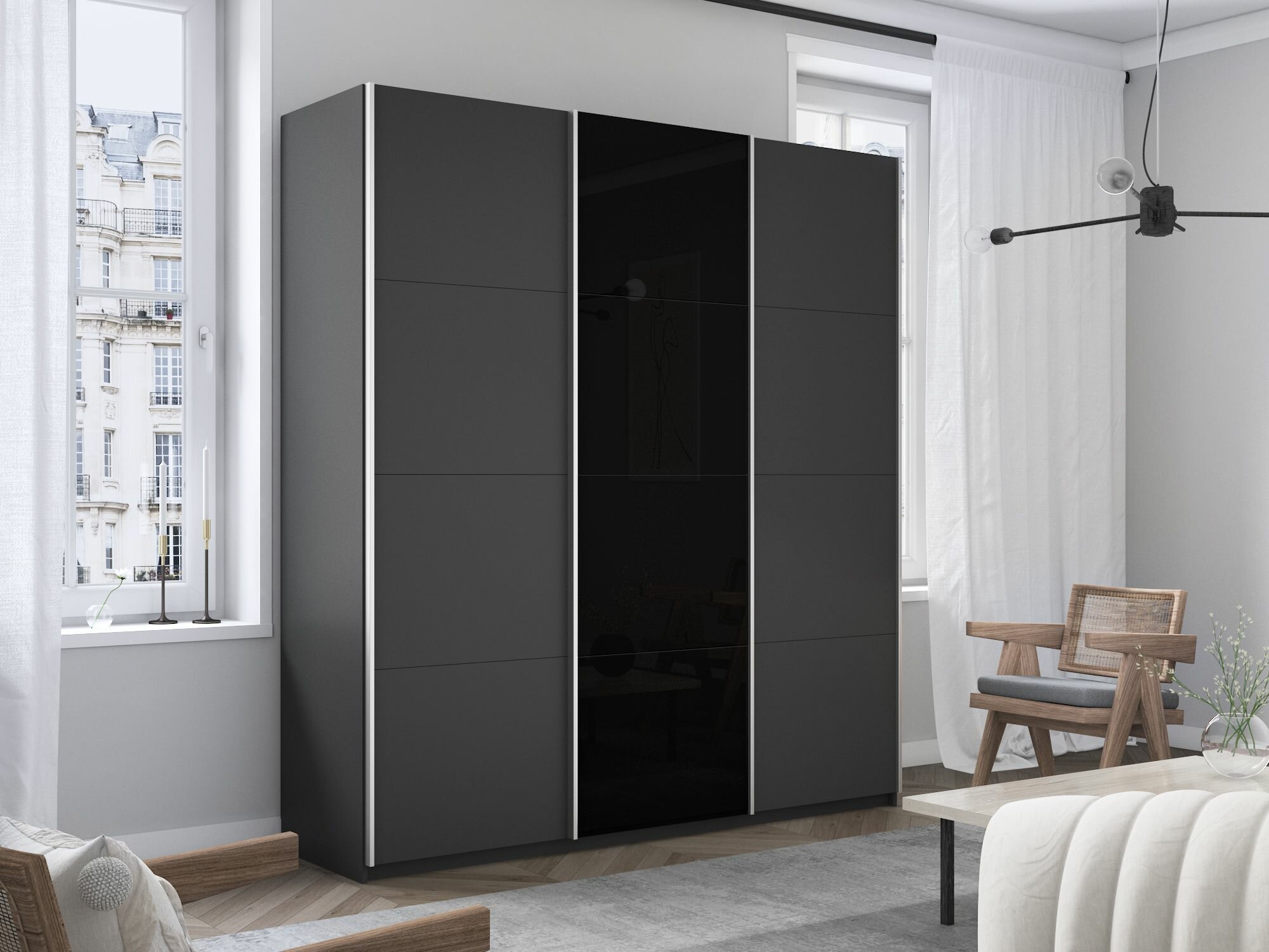 Шкаф-купе Билли 3-х дверный, (2 ДСП/Стекло черн.) 180х57х230 см. Серый диамант