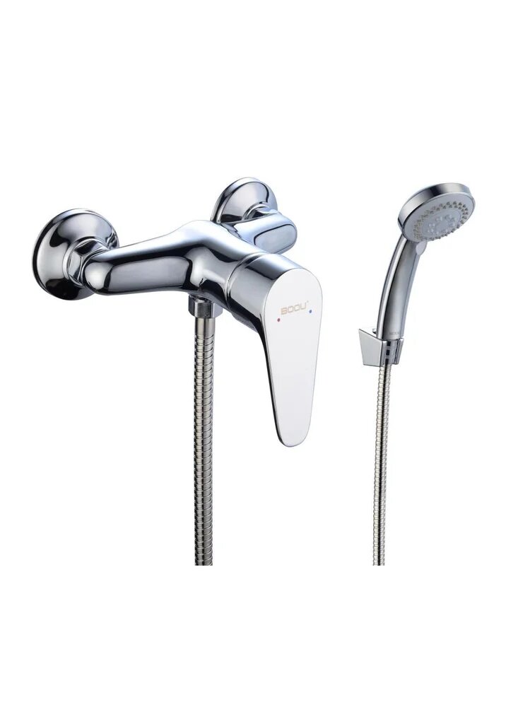 Смеситель для душа BOOU B8282-4A с душевым гарнитуром, хром, глянцевый, настенный, латунный, однорычажный, смеситель для ванны с душем