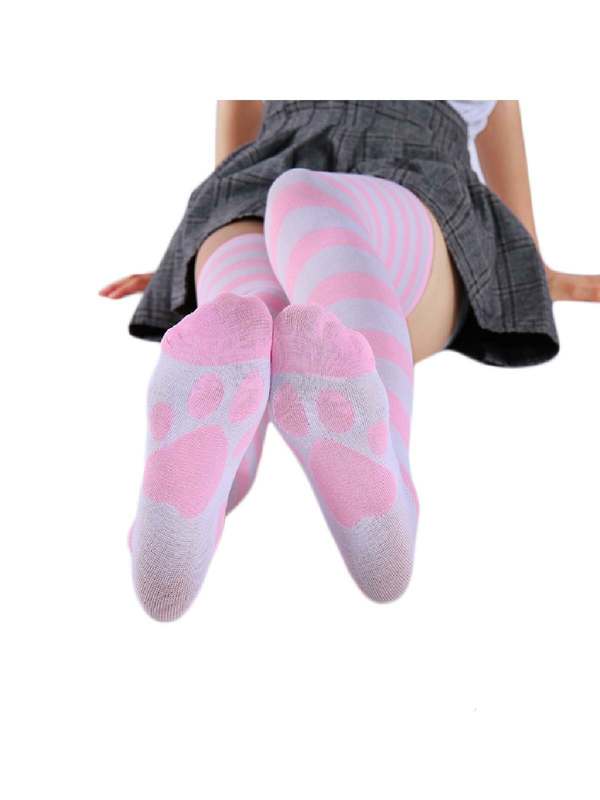 Женские аниме чулки до бедра с принтом лапок, Розовый и белый