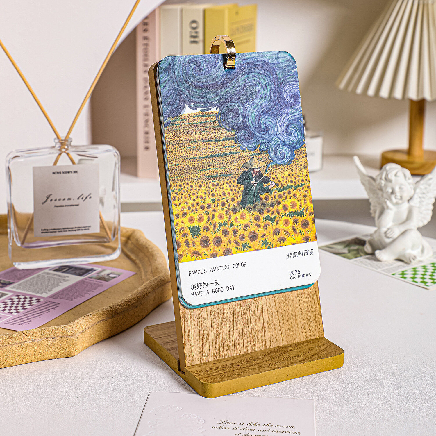 Креативный ретро масляный рисунок, имитация дерева, настольный календарь, индивидуальный простой высококачественный арт, серия пейзажей, настольный орнамент, ежемесячный календарь