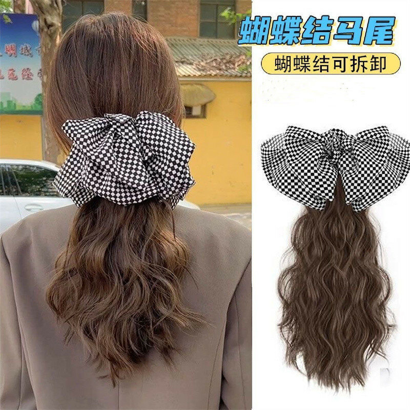 Парик с бантом в стиле TikTok для женщин, реалистичные длинные кудрявые волосы, зажим для хвоста, высокий хвост, низкая коса, оптовая продажа от производителя