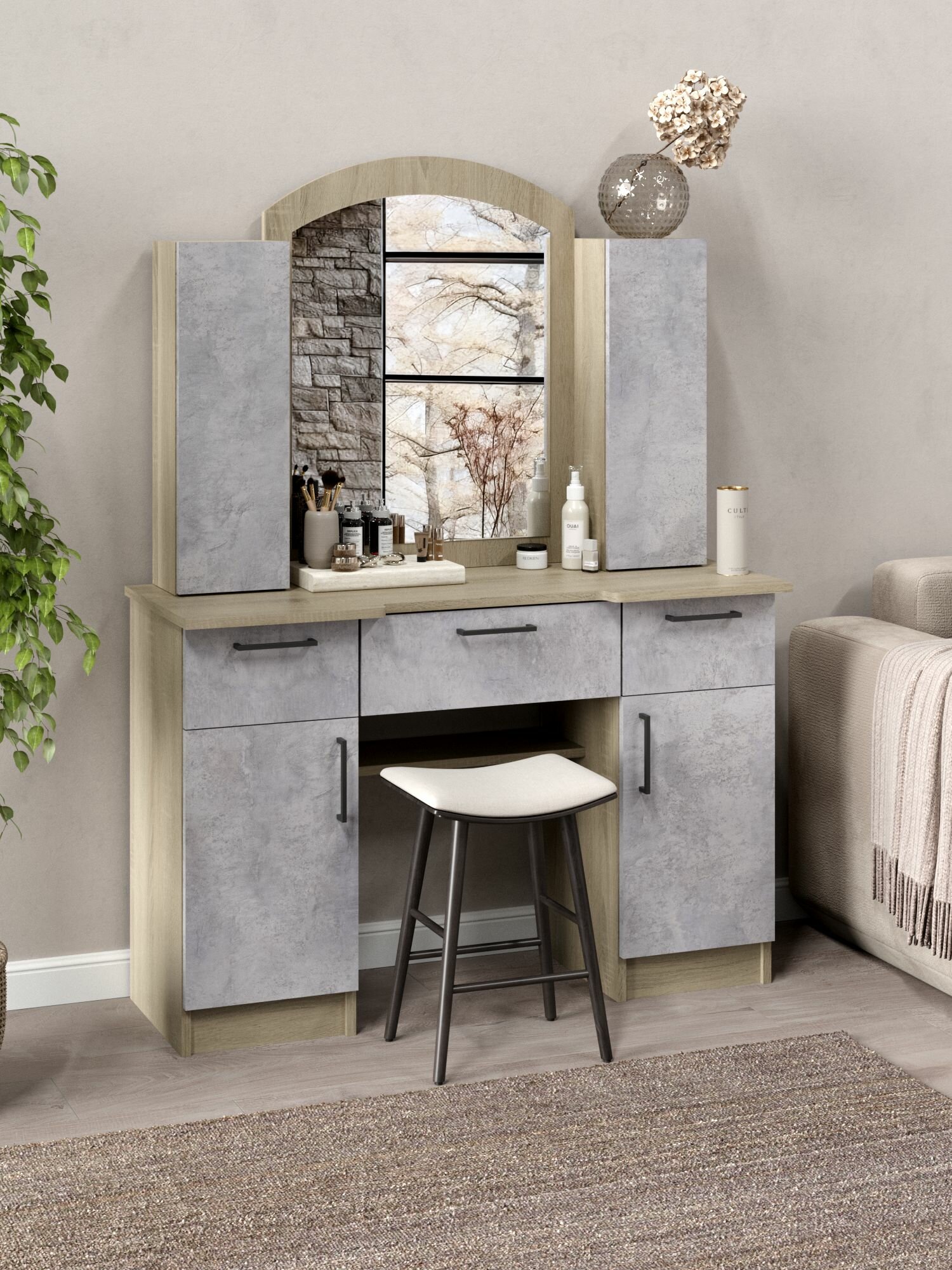 InHouse Туалетный столик КМ-18 Сонома/Бетон 110х40х147, фасады ЛДСП