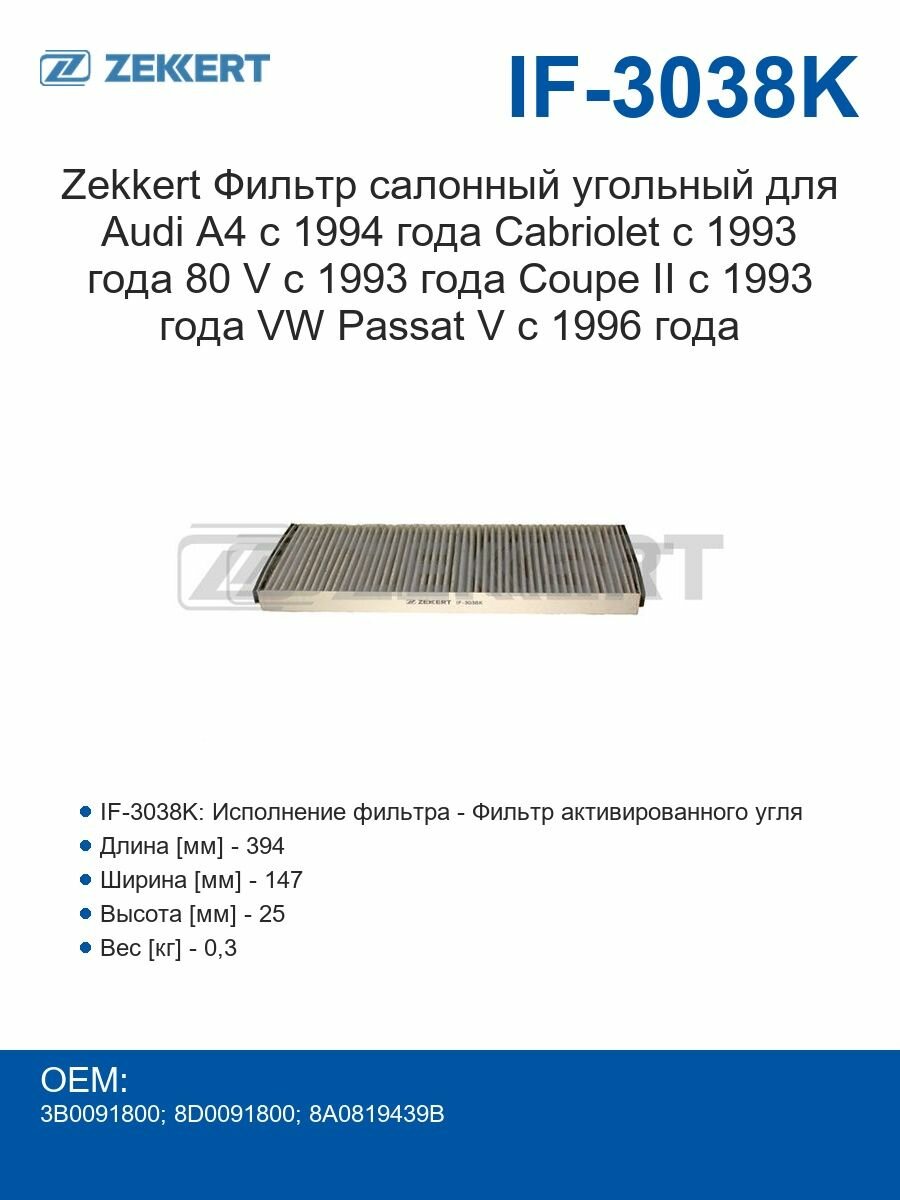 Zekkert Фильтр салонный угольный для Audi A4 с 1994 года Cabriolet с 1993 года 80 V с 1993 года Coupe II с 1993 года VW Passat V с 1996 года