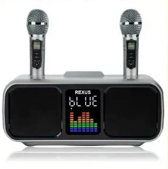 Беспроводная караокесистема премиумкласса REXUS SD318 Dark Grey с парой радиомикрофонов, интерфейсами USB, Bluetooth и оптическим входом.