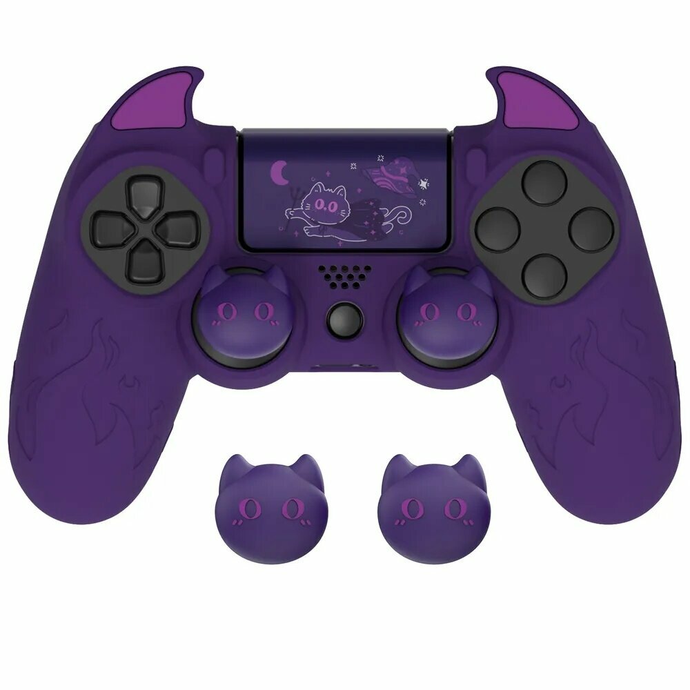 PlayVital Чехол для геймпада PS4 Cute Demon с насадками на стики и наклейками, силиконовый антискользящий защитный чехол для PS4 Slim/Pro, фиолетовый