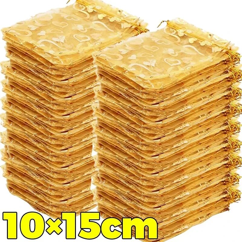 Золотые органзовые подарочные пакеты 10/20/30/50/100/200 шт. 10x15cm, 100PCS