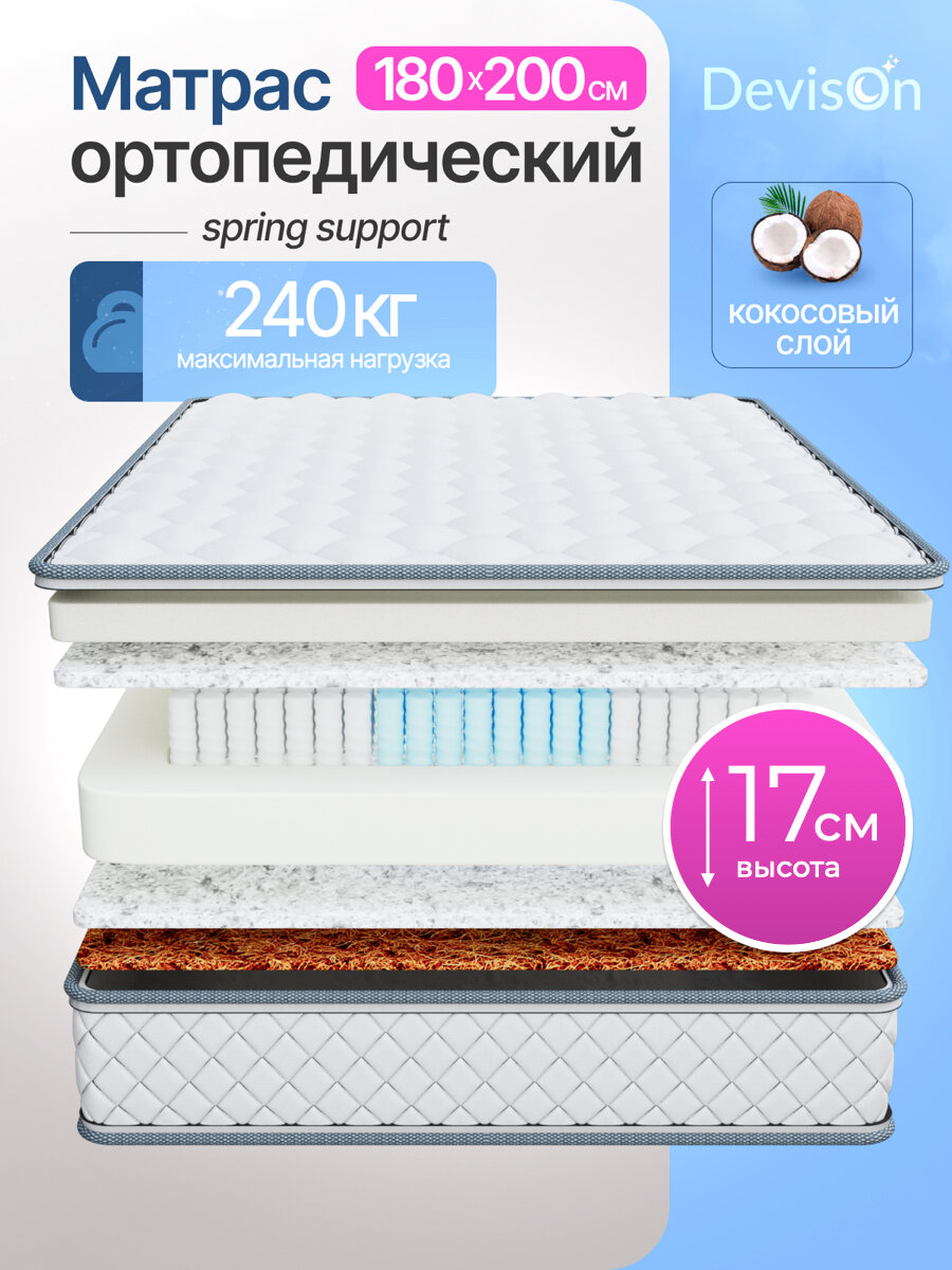 Матрас 180х200 ортопедический пружинный для двуспальной кровати Devison Spring Support высота 17 см