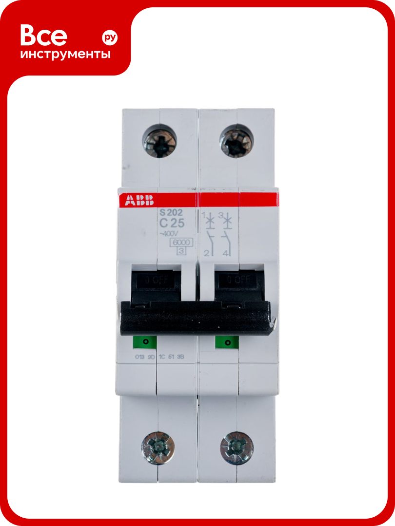 Автоматический модульный выключатель ABB 2п C S202 6кА 25А 2CDS252001R0254