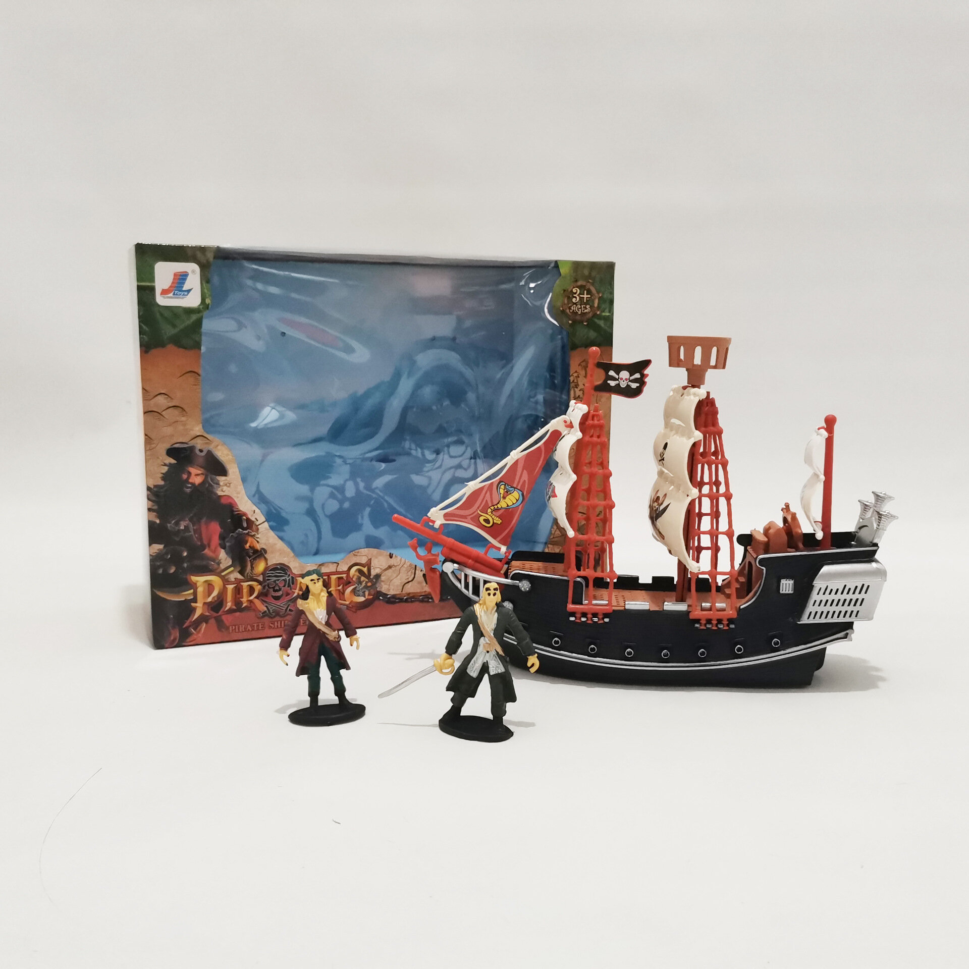 Средняя модель пиратского корабля с 2 пиратами, парус белый или светло-серый, для игр мальчиков