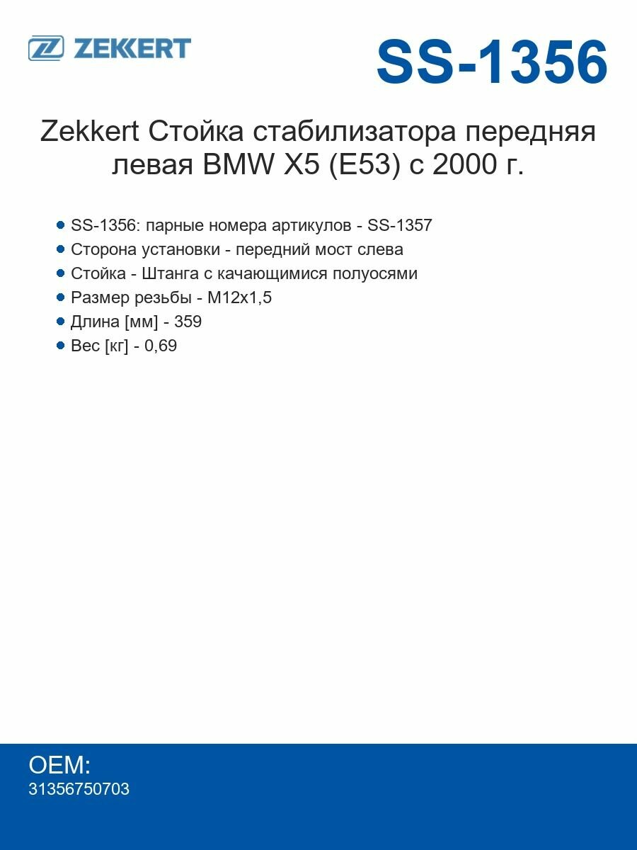Zekkert Стойка стабилизатора передняя левая BMW X5 (E53) с 2000 г.