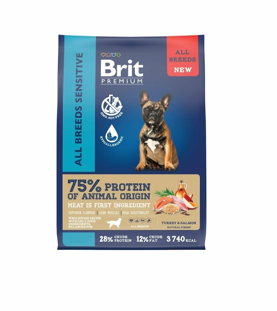 Корм Brit Premium Dog Sensitive для собак для чувствительного пищеварения с индейкой и лосось 3 кг