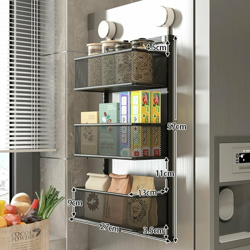 Стеллаж для хранения в холодильнике без сверления, боковой органайзер, многофункциональная настенная полка для специй, присоска, многослойная кухонная полка