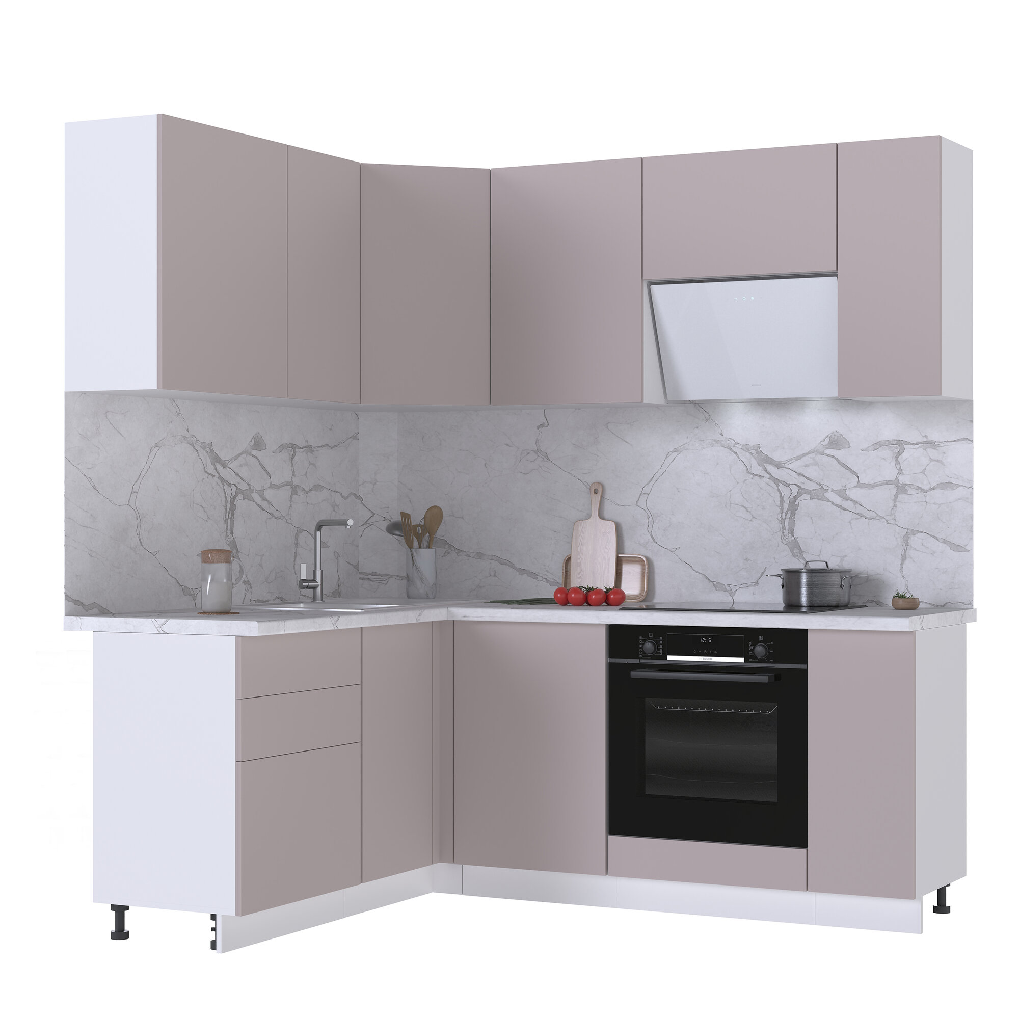 Кухонный гарнитур угловой без столешницы Рельеф Инь 160*200см Белый, Атласный серый