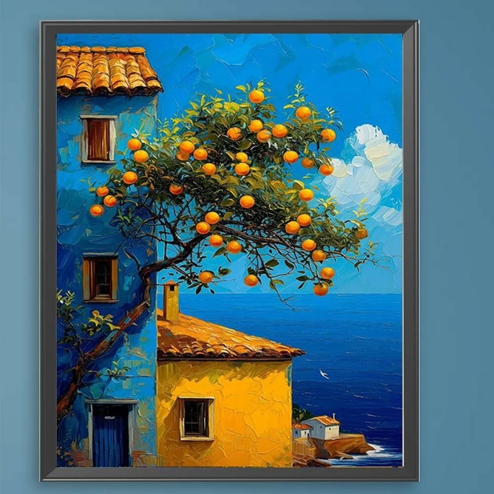 Серия синих и желтых коттеджных пейзажей - цифровая картина маслом без рамы 40*50 см