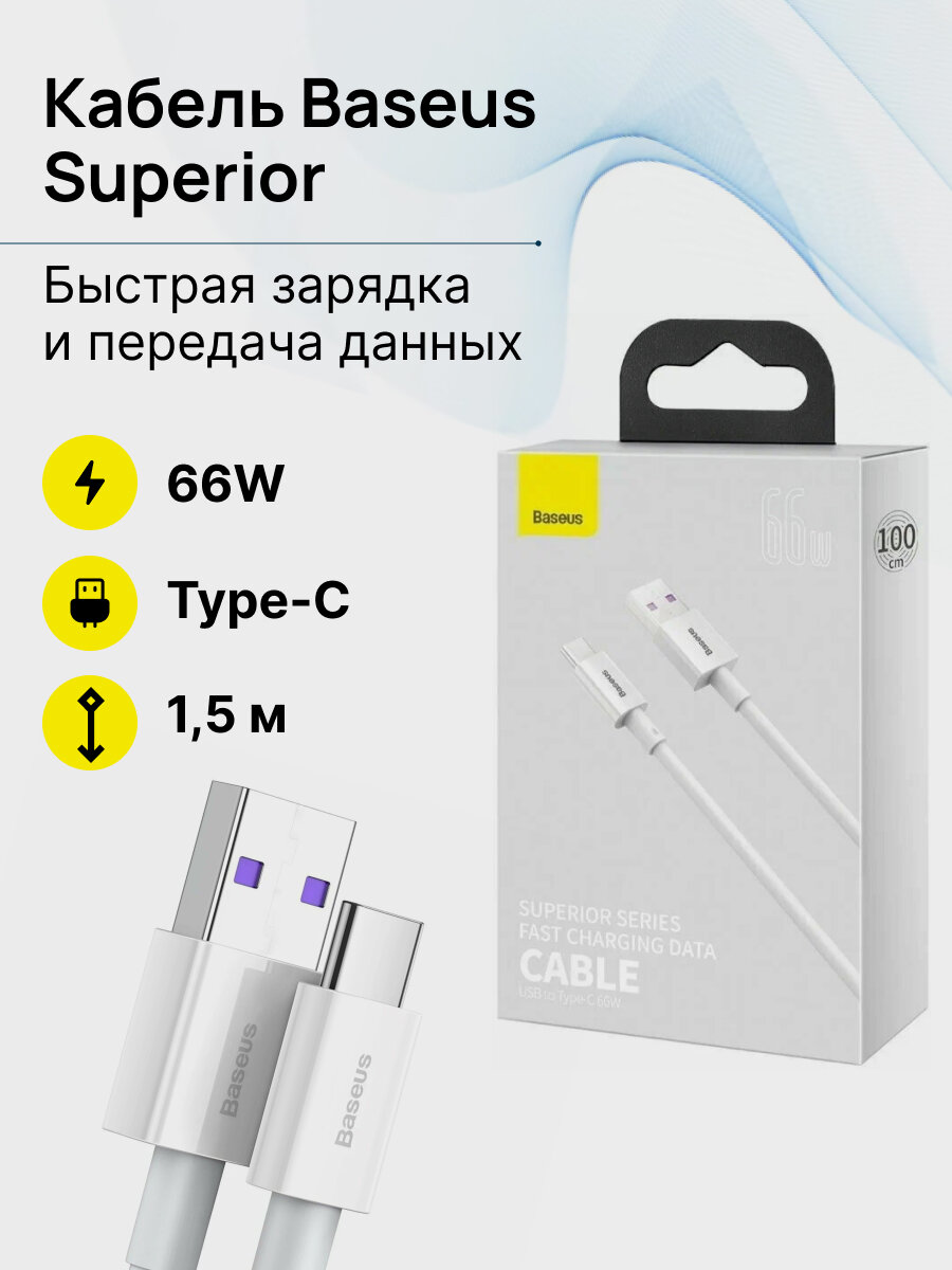 Кабель Baseus Superior USB – Type-C 66W 1,5 м для быстрой зарядки и передачи данных