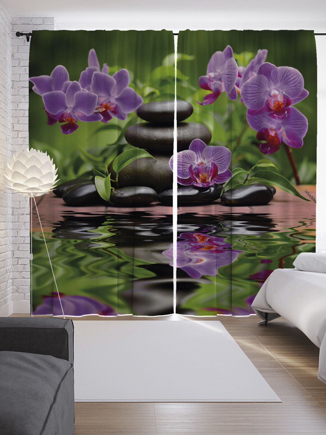 Фотошторы в спальню "Орхидеи на камнях", 2 полотна шириной по 145 см, высота 265 см, JoyArty