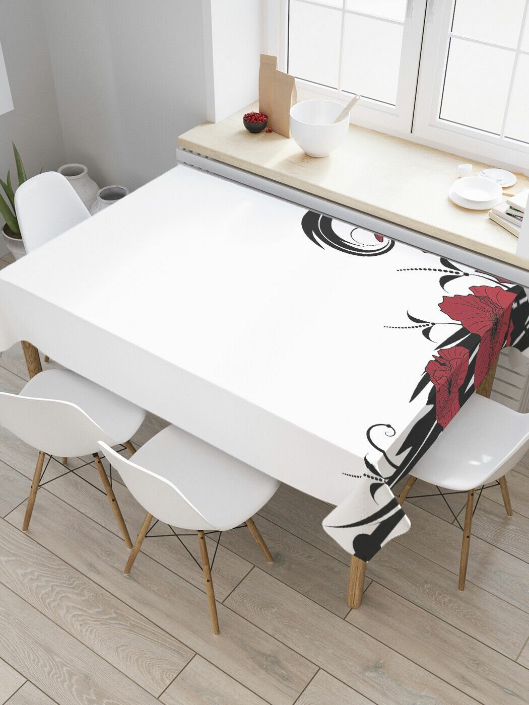 Прямоугольная водоотталкивающая скатерть на стол JoyArty с рисунком "Маки завитками" 120 на 145 см
