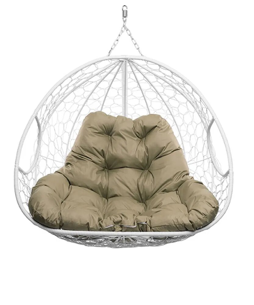 Подвесное кресло кокон Для двоих с ротангом белое с бежевой подушкой (без стойки)