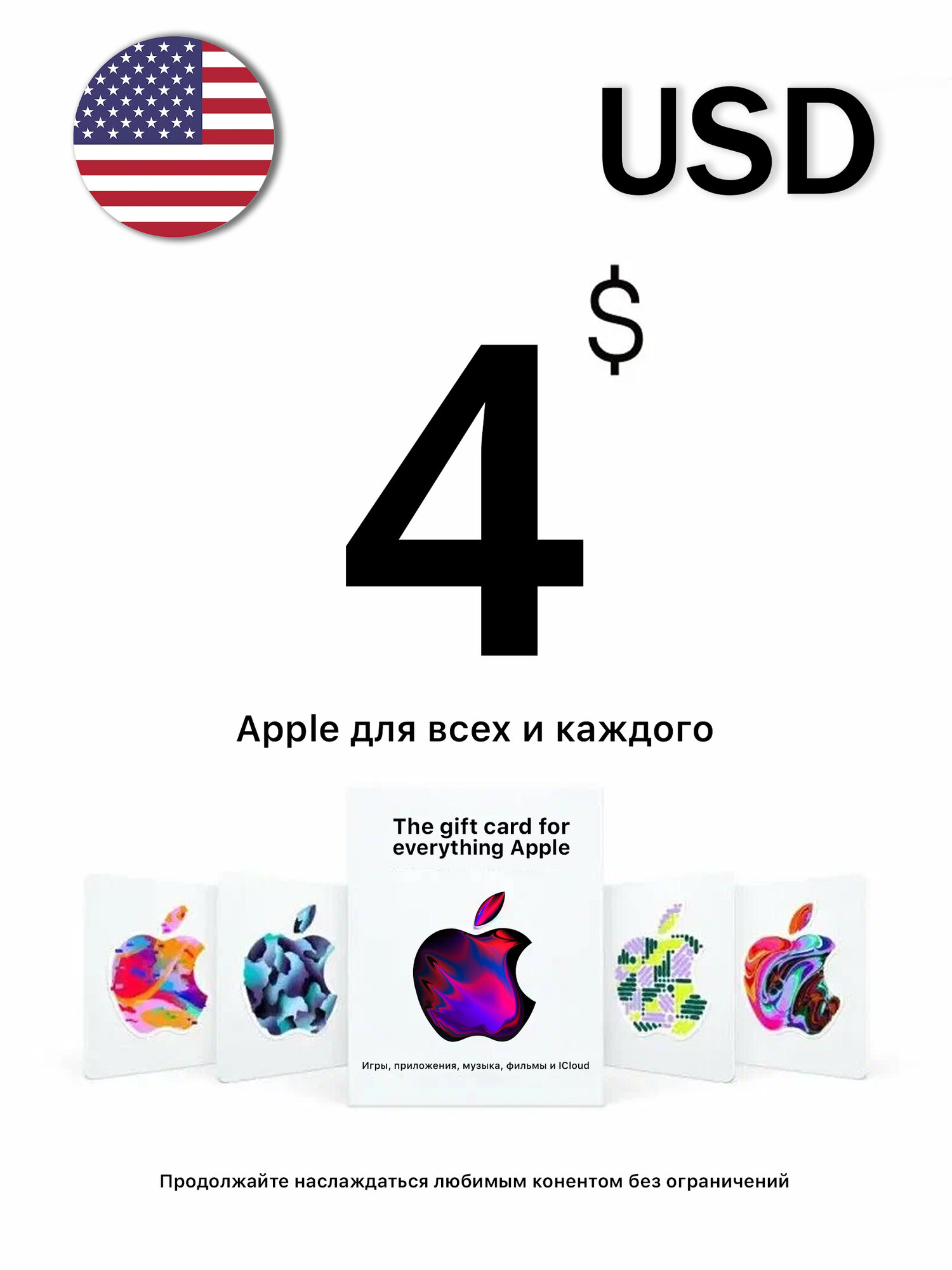 Подарочная карта Apple / Карта оплаты Apple (Пополнение счёта App Store и iTunes) на 4 доллара
