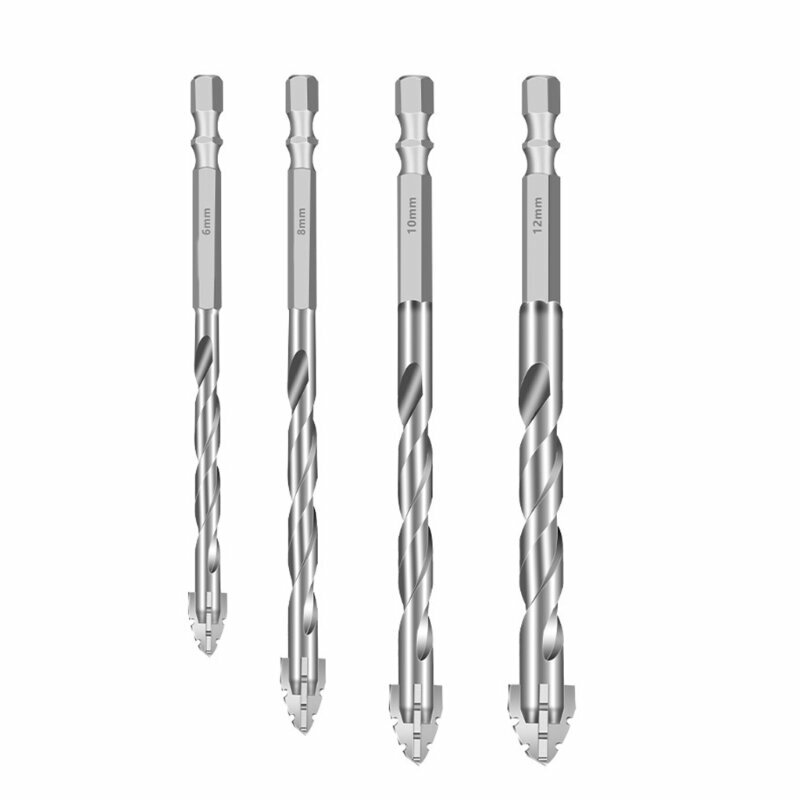 4шт Четырехгранные Зубчатые Эксцентриковые Сверла для Бетона, Кирпича, Плитки, Дерева с Твердосплавными Наконечниками 1/4 "С Шестигранным Хвостовиком 6/8/10/12 мм