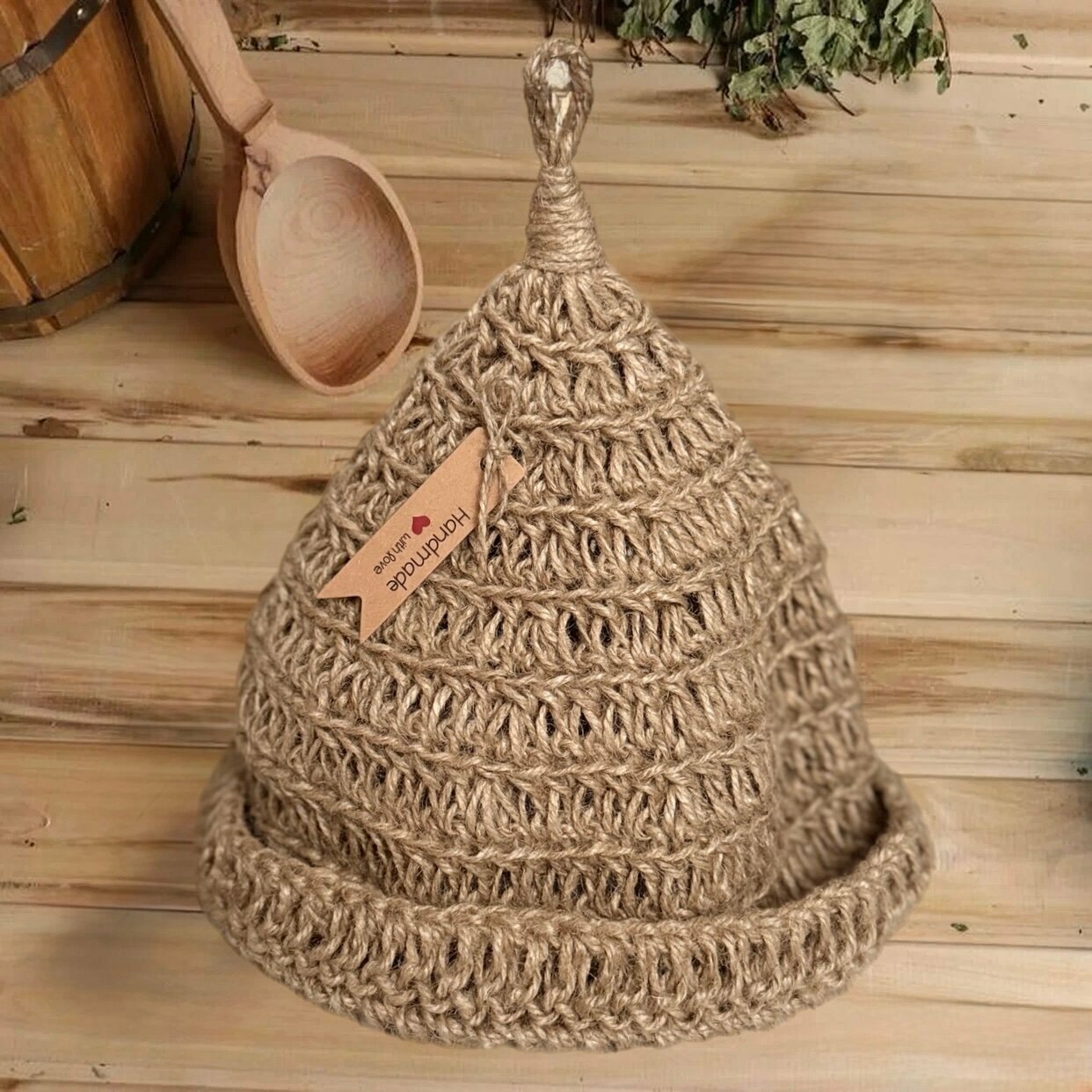 Шапка для бани из джута, шапка для бани ручной работы, эко шапка для бани