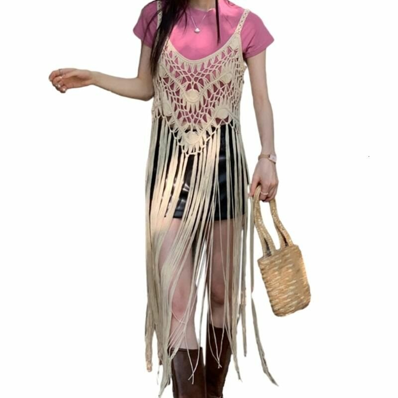 Женский вязаный топ без рукавов с вырезами, абрикосовый