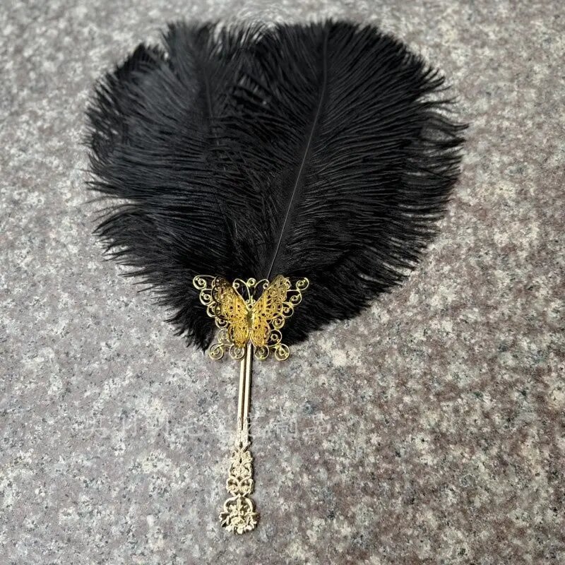 Белый ручной веер из страусиных перьев Черный, black