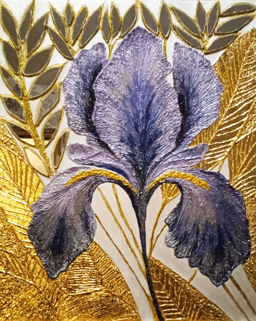 Интерьерная авторская картина "Ирис" с зеркальными элементами и поталью , размер картины 40*50, артборд . Художник Любовь Ишим.