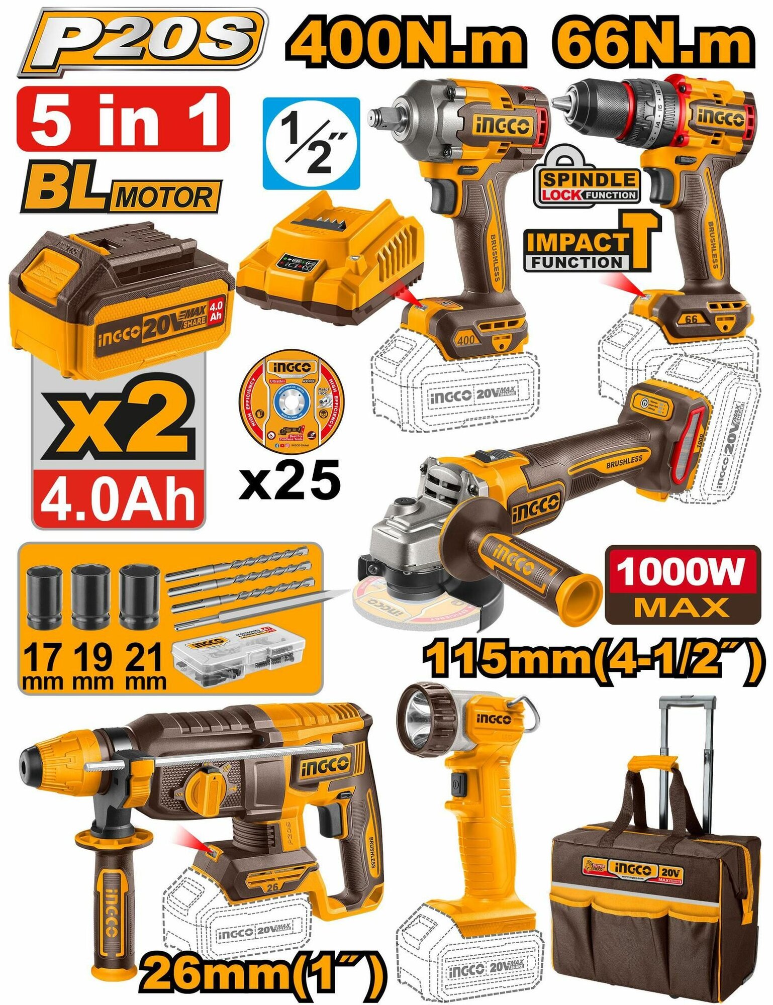 Набор аккумуляторного инструмента 5шт. Li-Ion 20 В INGCO CKLI2059 INDUSTRIAL