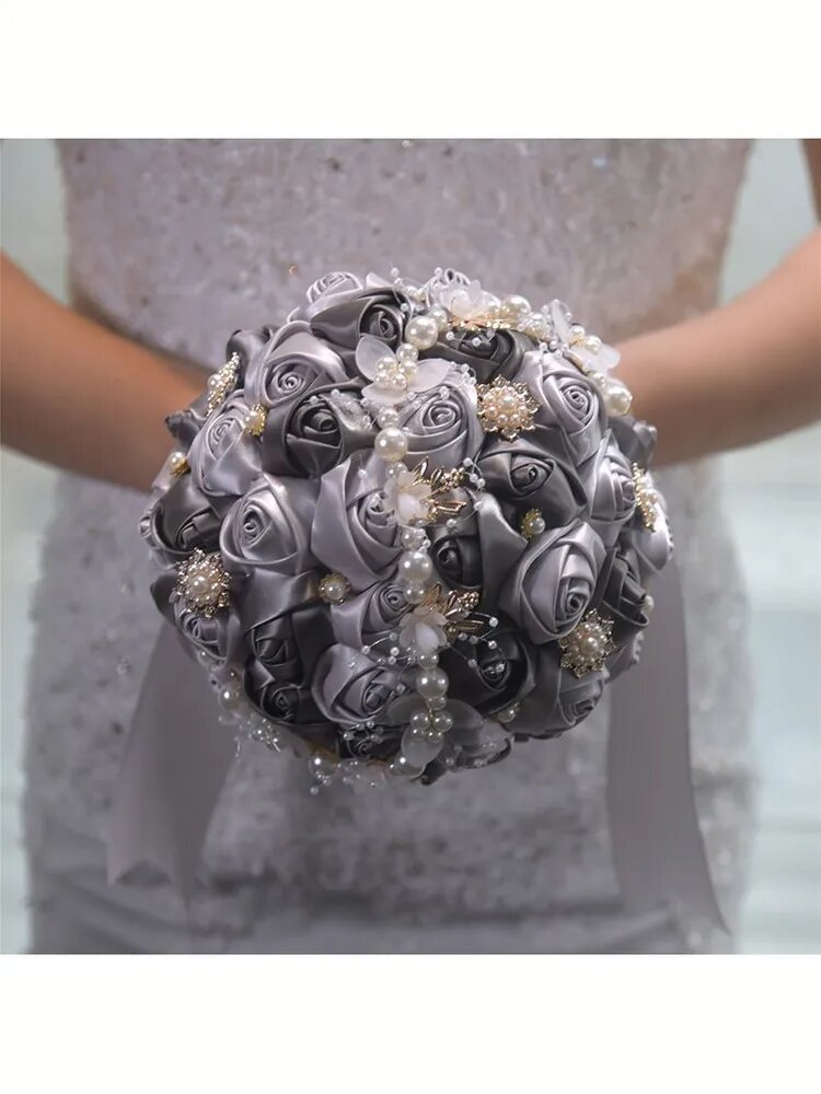 Свадебный букет невесты с имитацией роз из атласных лент, украшенный жемчугом, для церемонии