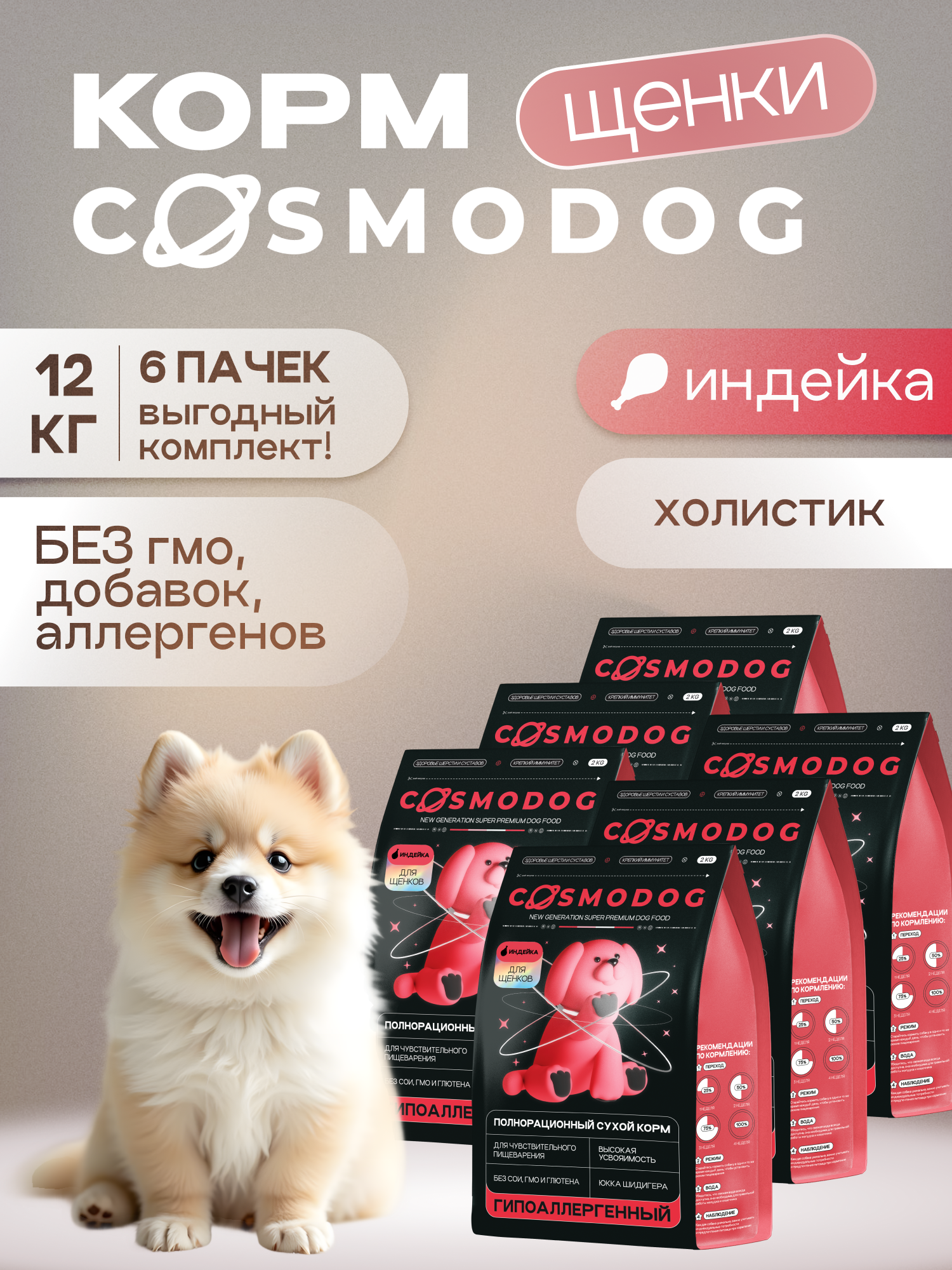 Сухой корм для щенков премиум класса Cosmodog 12 кг, для мелких и крупных пород с индейкой, гипоаллергенный холистик