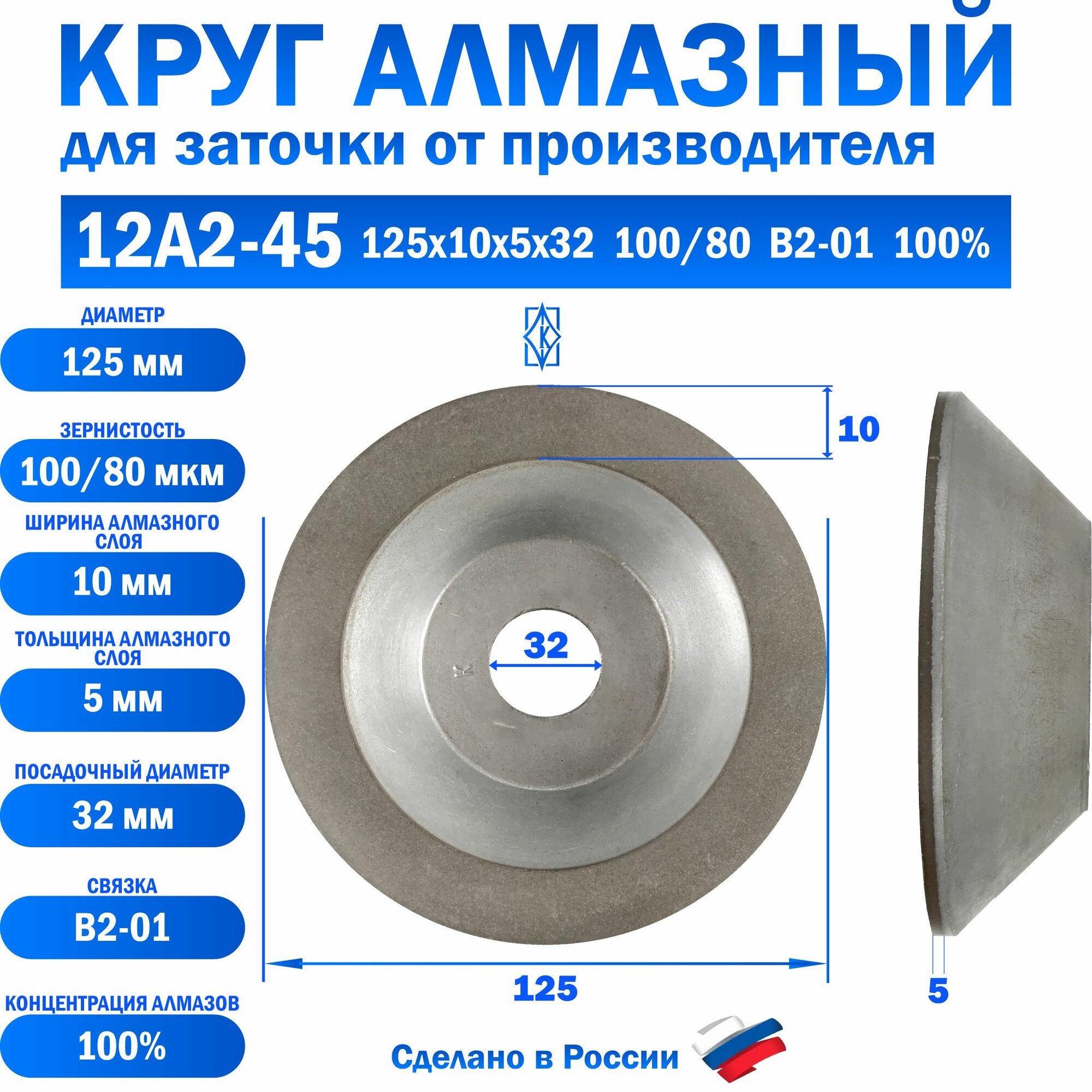 Круг алмазный шлифовальный 12А2-45 125х10х5х32 мм 100/80мкм АС6 В2-01 100% Арт. 34215
