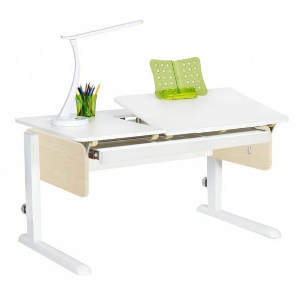 Астек Детская растущая парта для школьника Лидер с наклонной столешницей, выдвижным ящиком / регулировка высоты парты для школьников с 1 по 11 класс (белый/береза/белый)