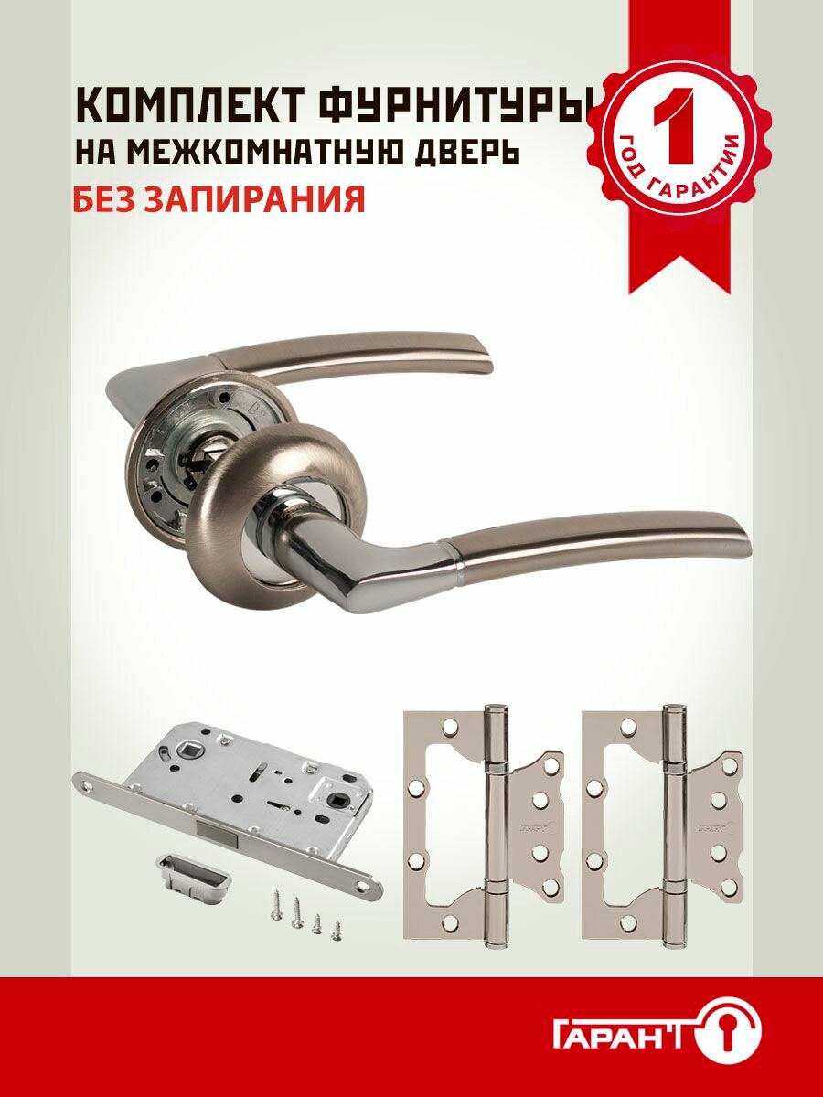Фурнитура для дверей межкомнатных ТМ гарант модель 15 ручка межкомнатная, магнитная защелка, петли, мат. никель